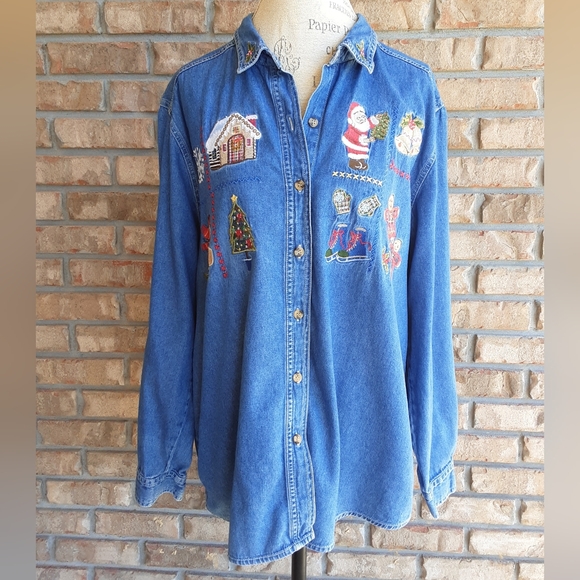Bobbie Brooks | Tops | Vintage Bobbie Brooks Blue Embroderied Christmas ...